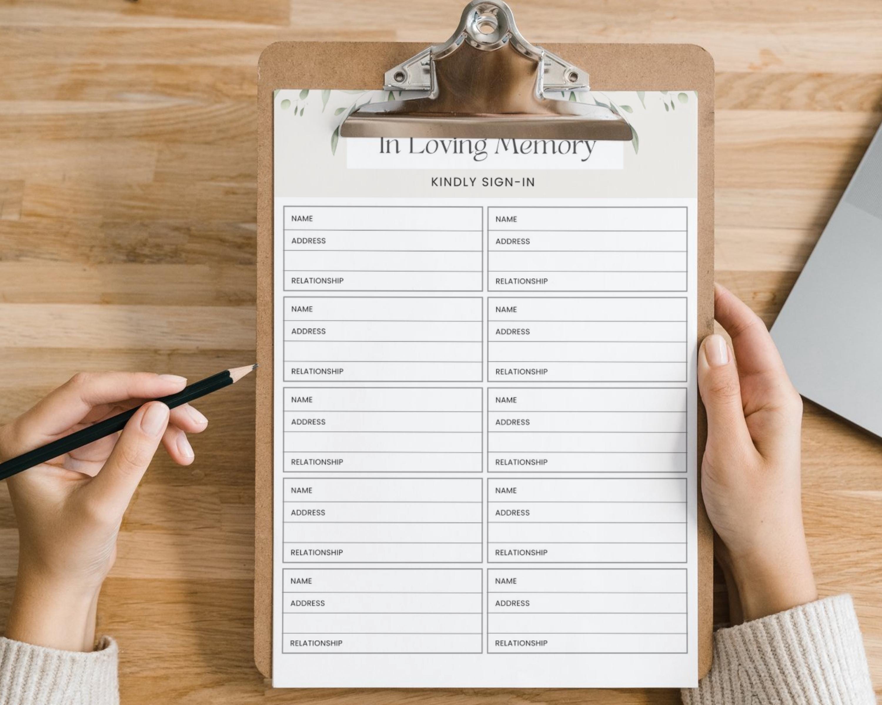 Funeral Guest Book Sign in Sheet, Printable Guest List for Celebration ...