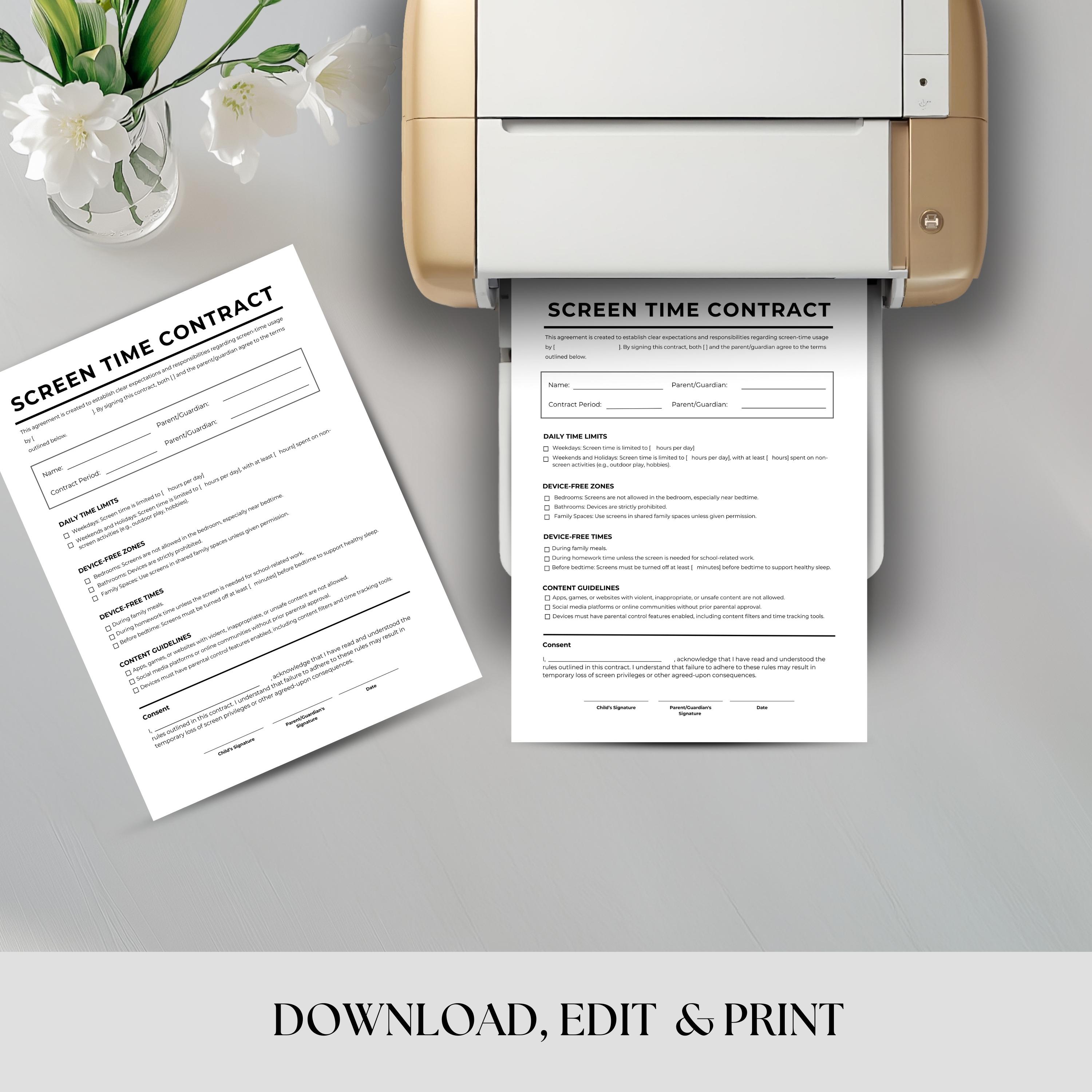 Editable Screen Time Contract, Kids Technology Rules, Family ...