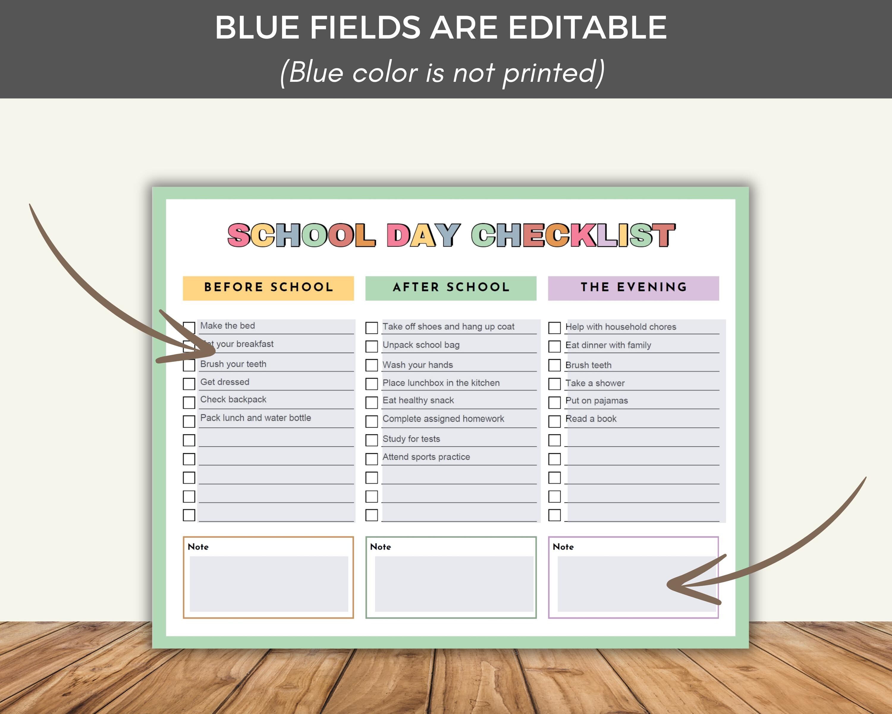 School Day Checklist Fillable PDF, Kids Daily Routine, Responsibility ...