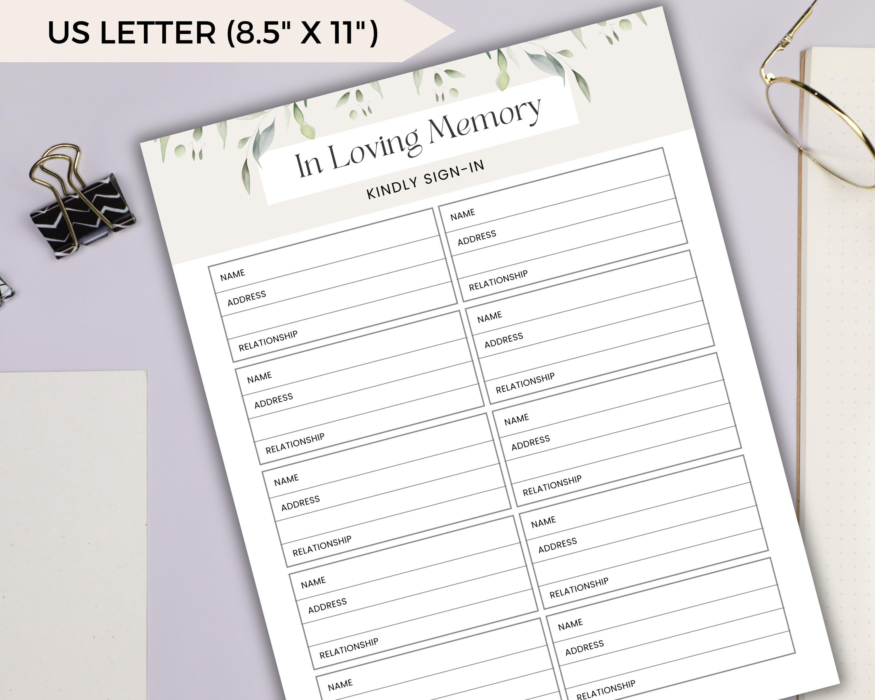 Funeral Guest Book Sign in Sheet, Printable Guest List for Celebration ...