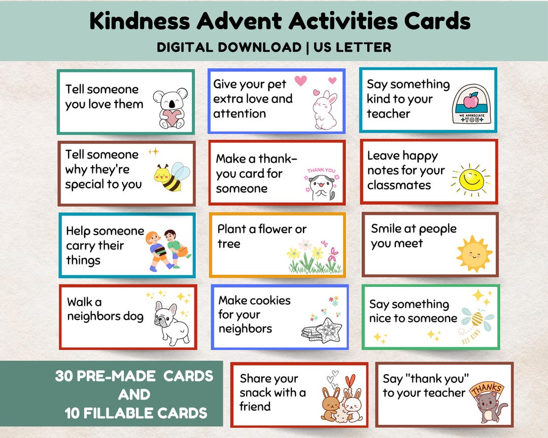 Kindness Cards Printable, Random Acts of Kindness, Kids Advent ...