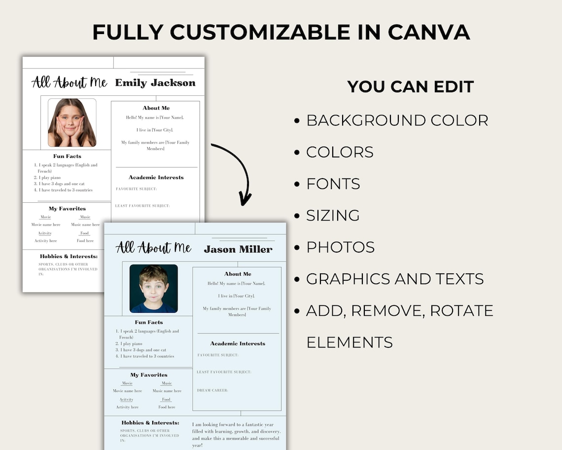 All About Me Editable Canva Template, First Day of School, Get to Know ...