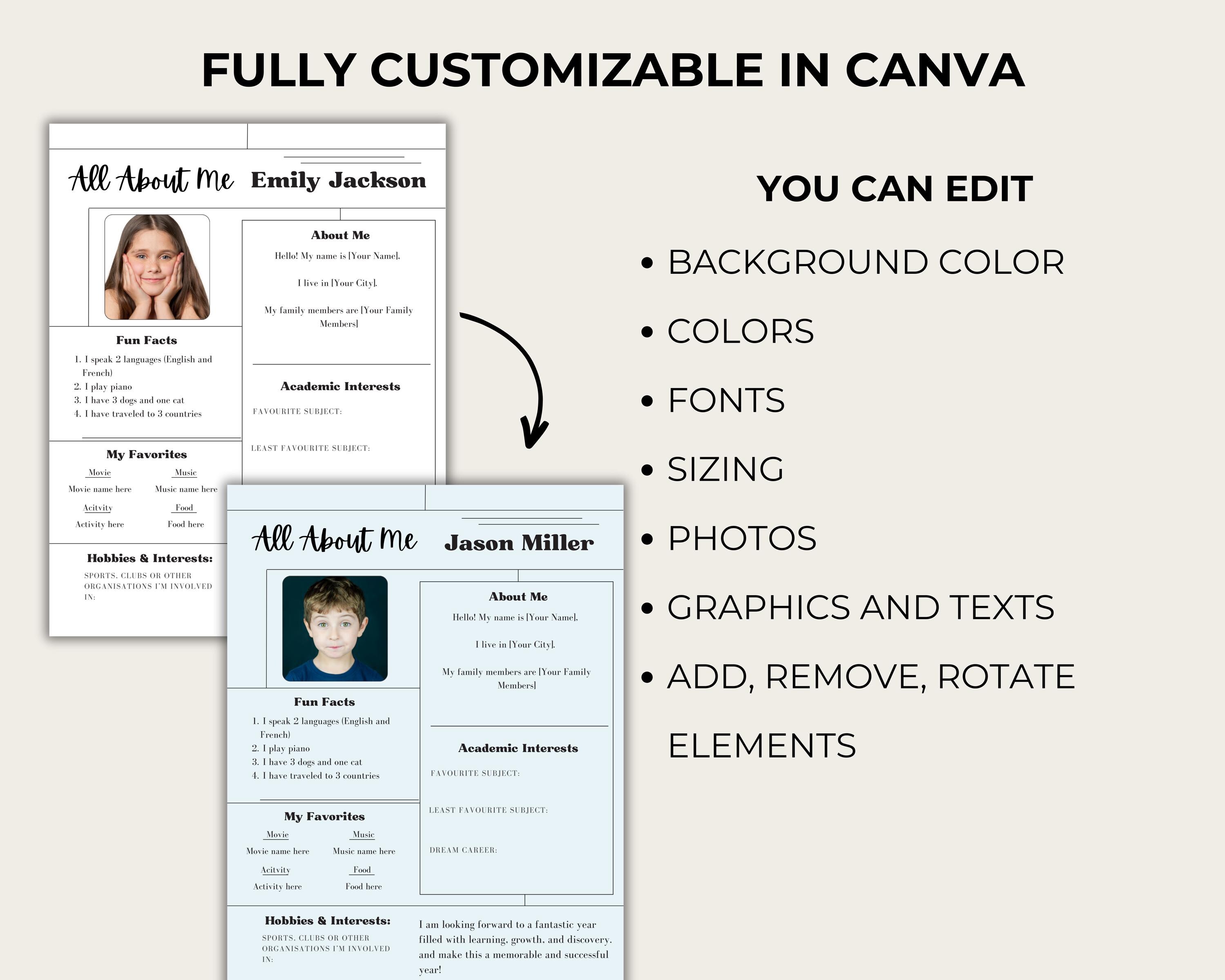 All About Me Editable Canva Template, First Day of School, Get to Know ...