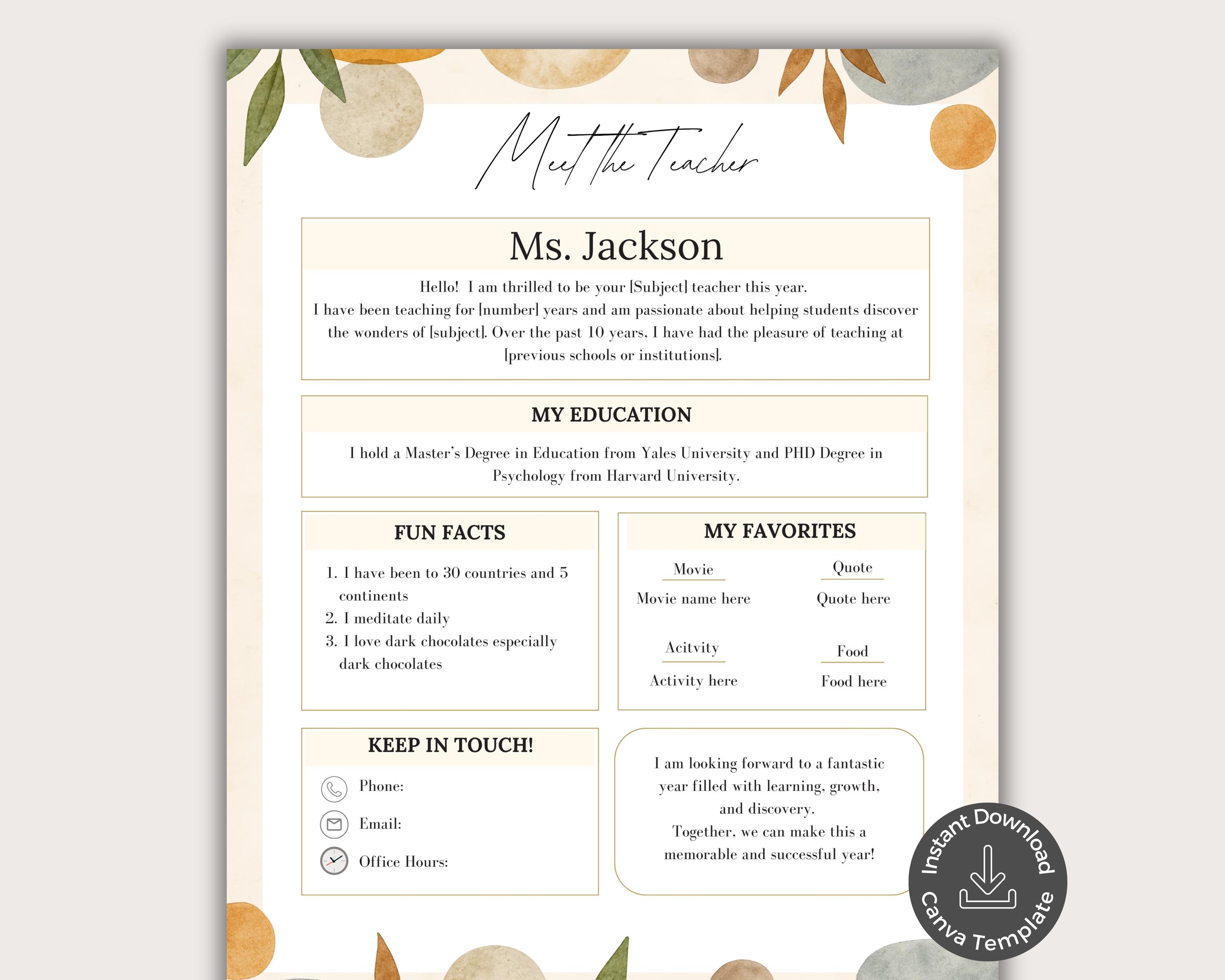 Meet the Teacher Boho Canva Template, Teacher Introduction Resource ...