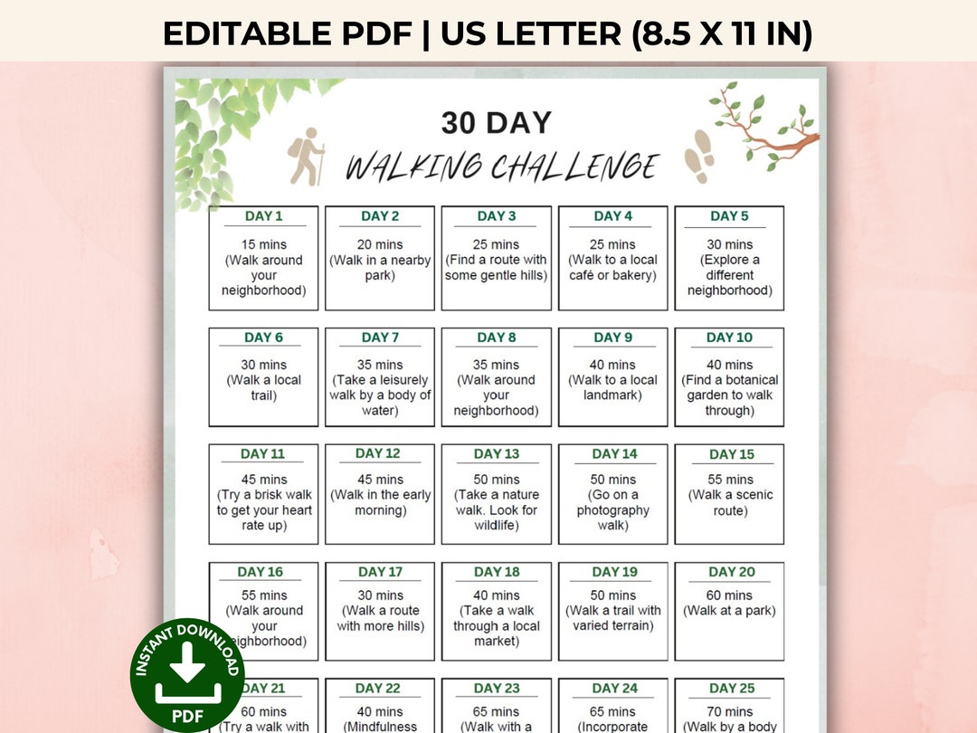 30-day Walking Challenge Editable PDF, Printable Walking Planner ...