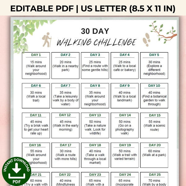 30-day Walking Challenge, Printable Walking Planner, Daily Walking Plan ...
