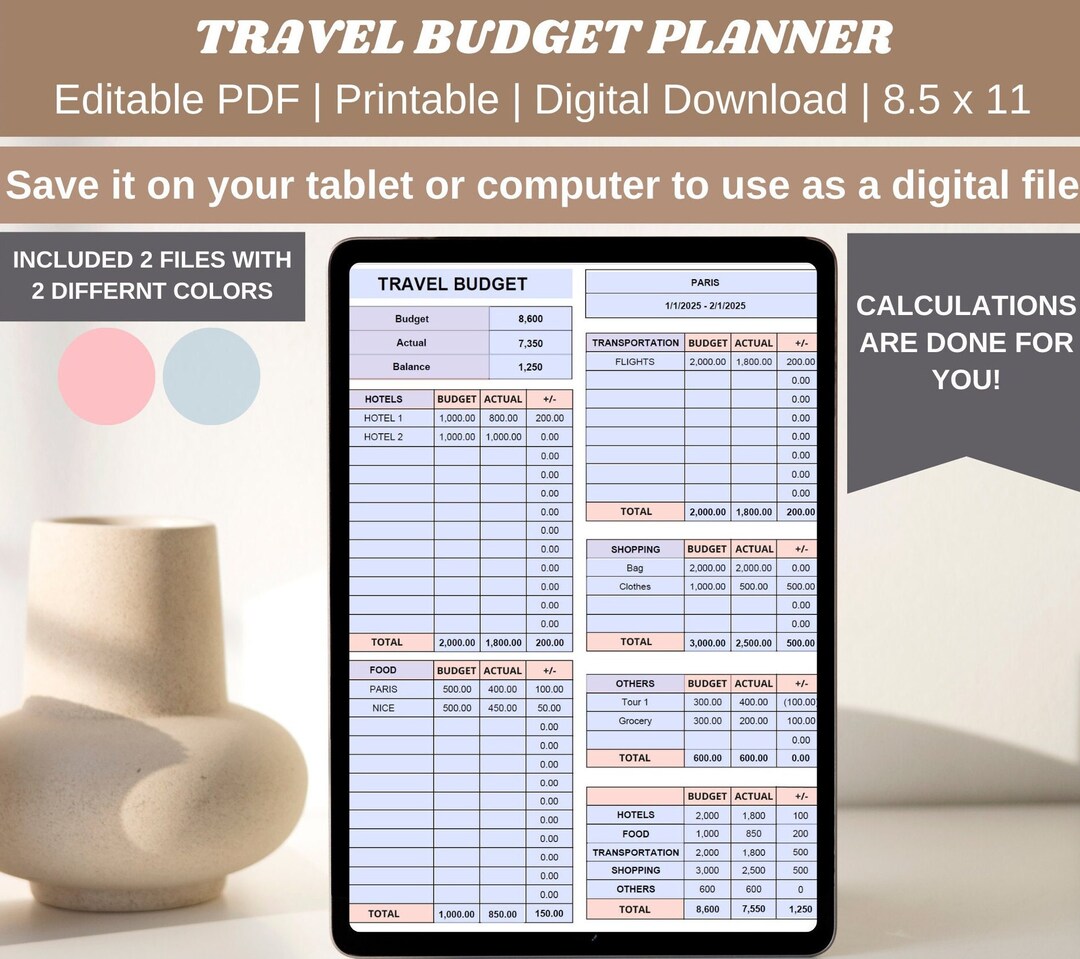 Vacation Budget Planner Printable Travel Planner Digital Trip Expense ...
