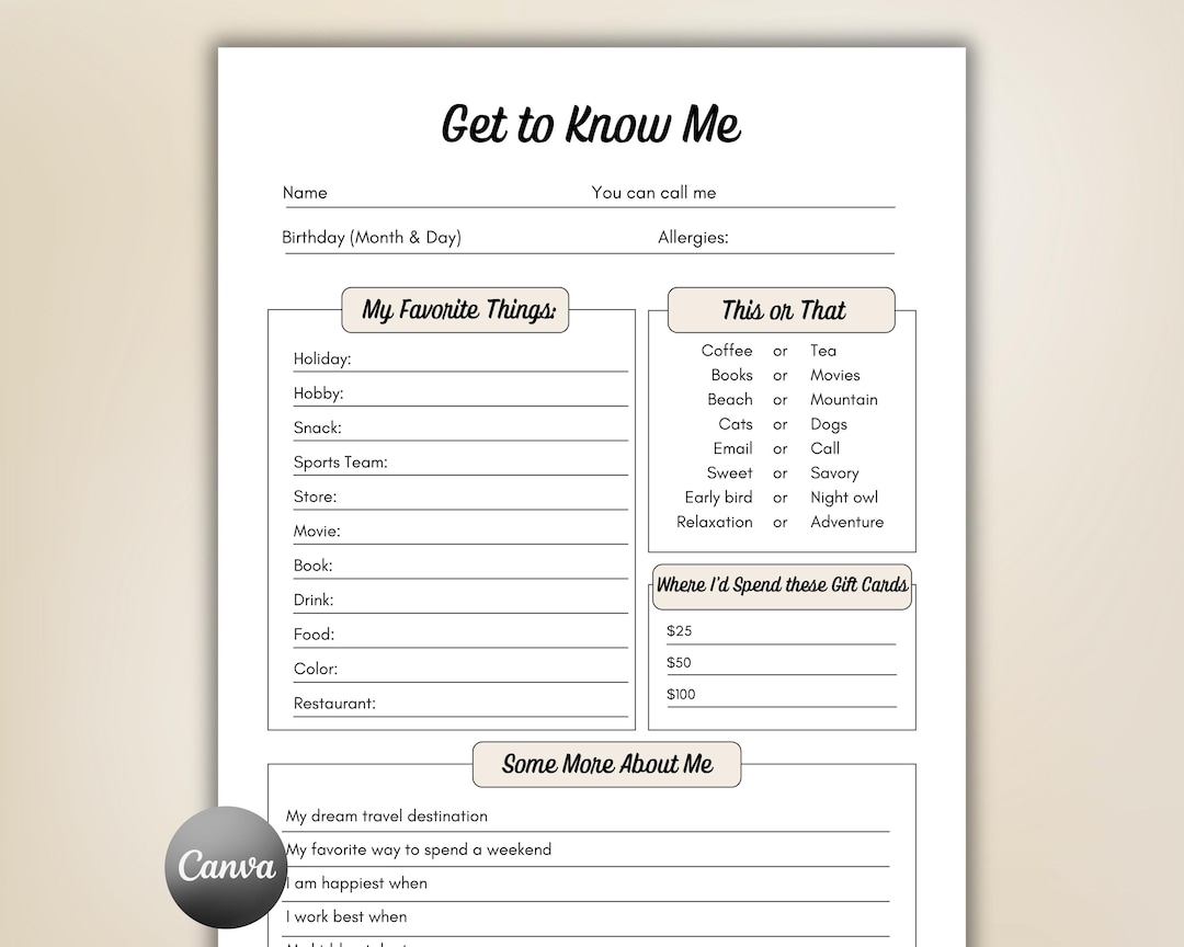Team Building Get to Know Me Questionnaire, Printable Employee ...