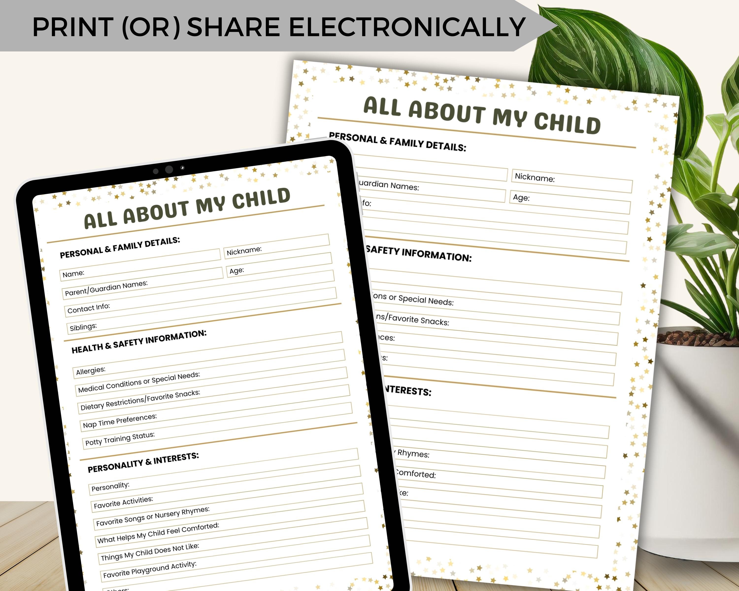 All About My Child Daycare Sheet, Printable Childcare Form, Child Info ...