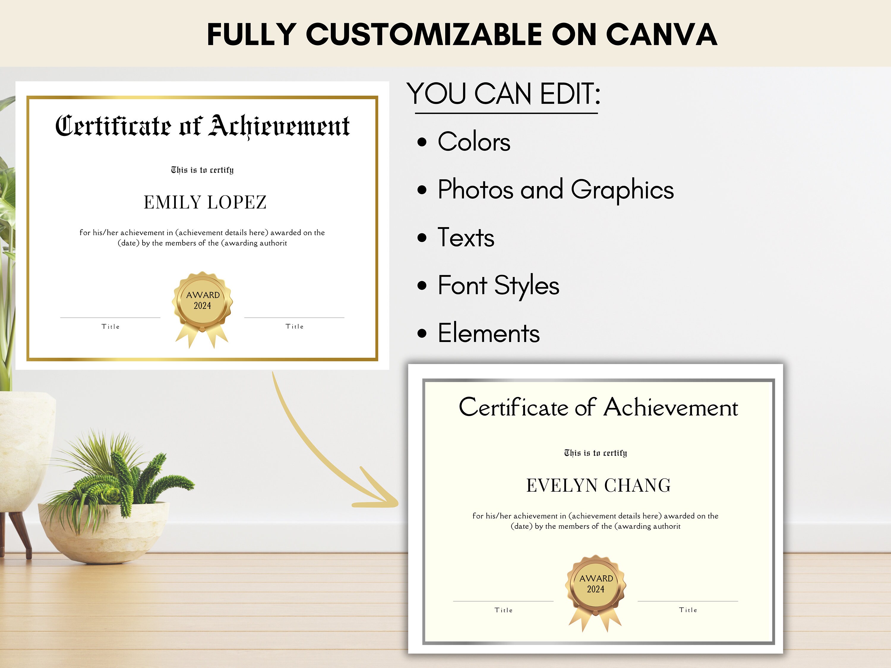 Certificate of Achievement Template, Gold Border, Editable Canva Award ...
