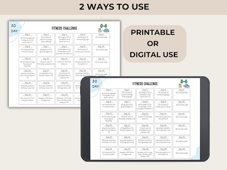 30 Day Fitness Challenge, Printable Home Workout Planner Editable PDF ...