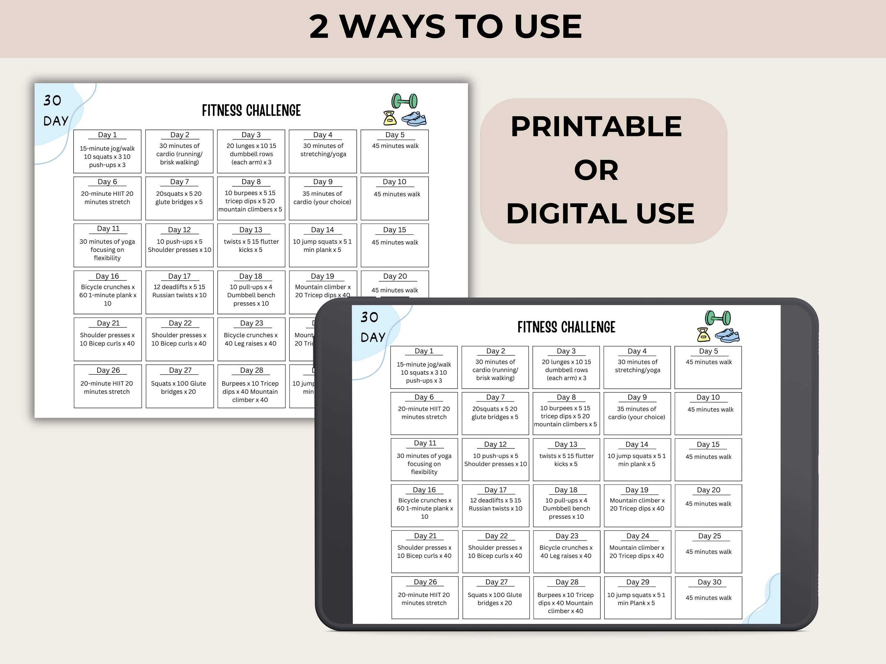 30 Day Fitness Challenge, Printable Home Workout Planner Editable PDF ...