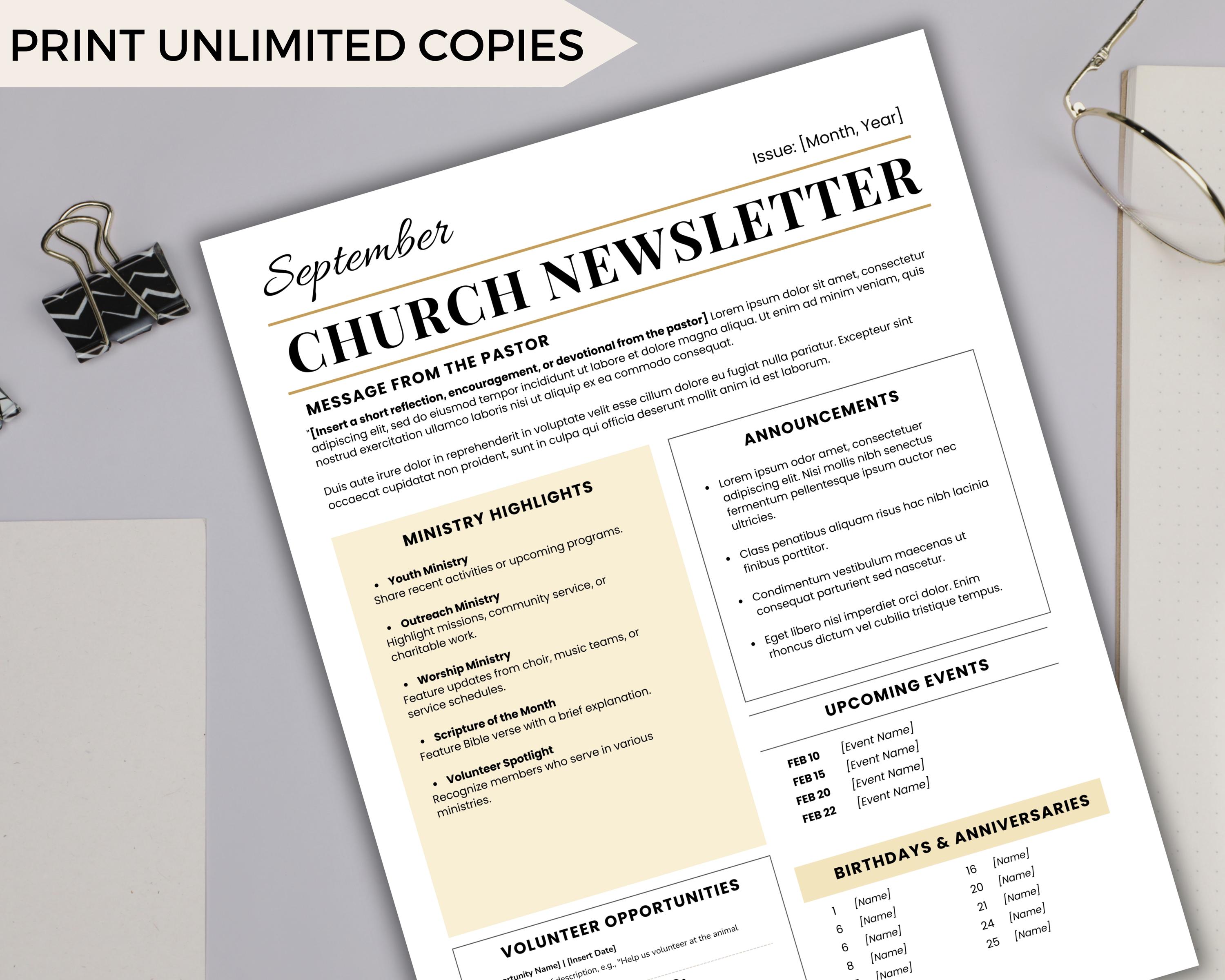 Editable Church Newsletter Template, Minimalist Monthly Church Bulletin ...