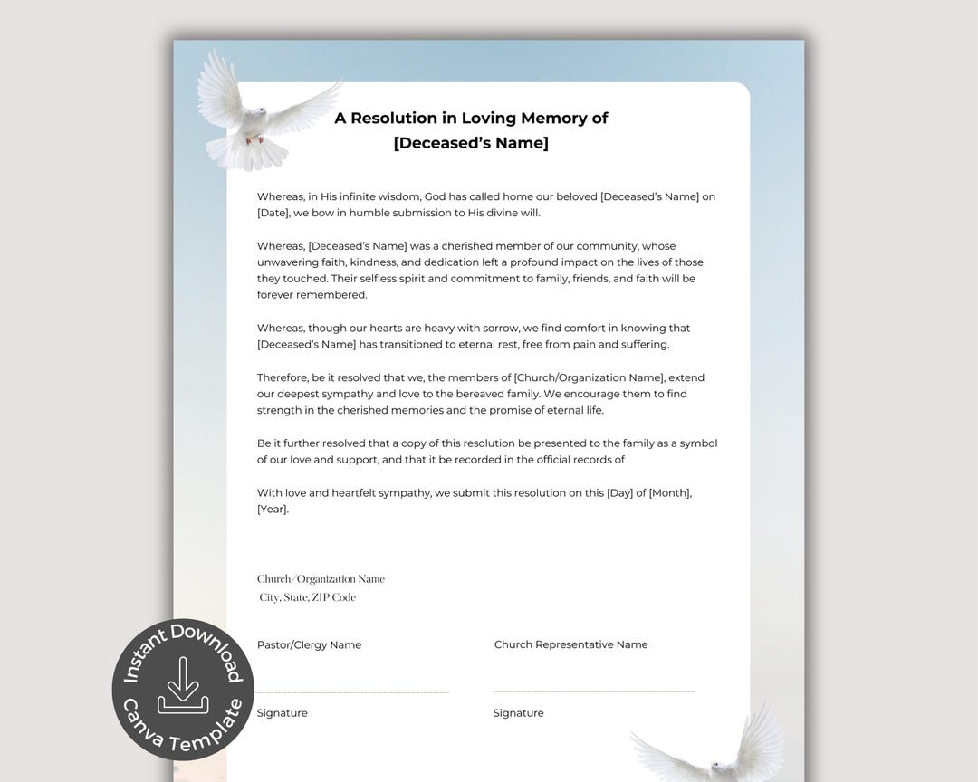 Funeral Resolution for a Pastor, Editable Canva Template, Memorial ...