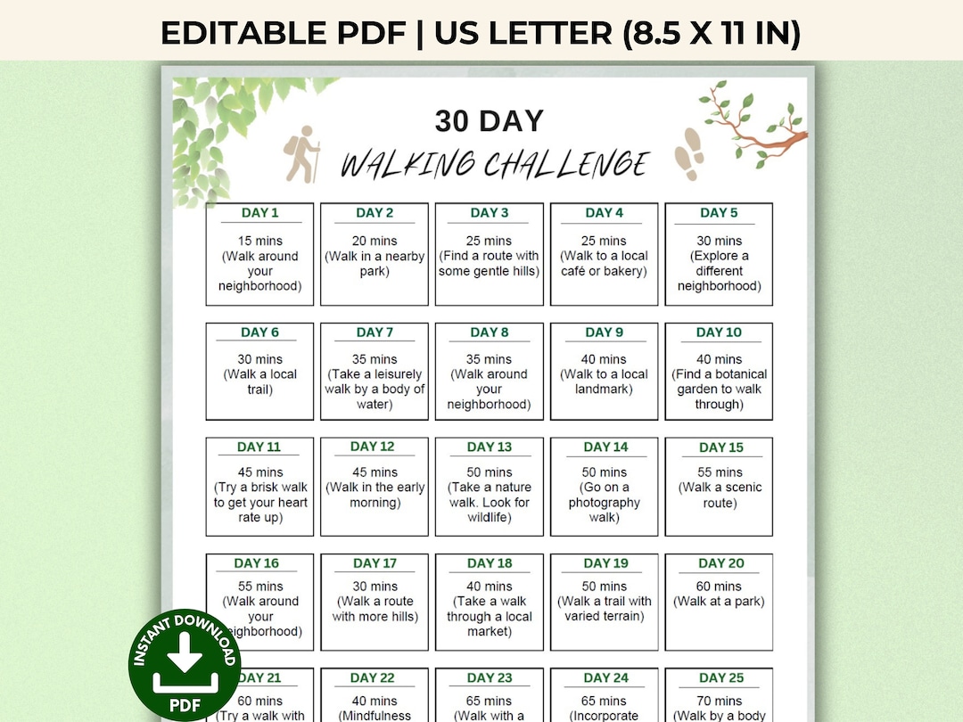 30-day Walking Challenge, Printable Walking Planner, Daily Walking Plan ...
