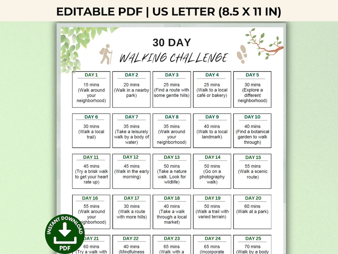 30-day Walking Challenge, Printable Walking Planner, Daily Walking Plan ...