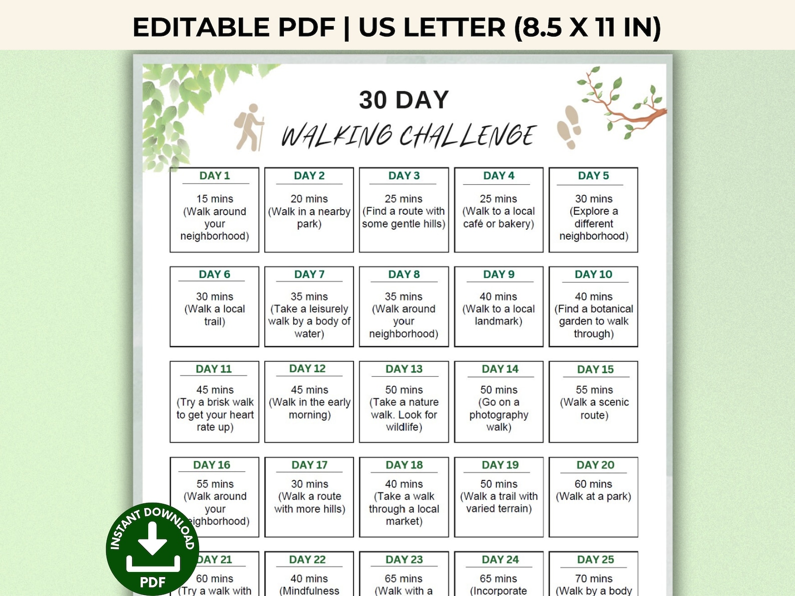 30-day Walking Challenge, Printable Walking Planner, Daily Walking Plan ...