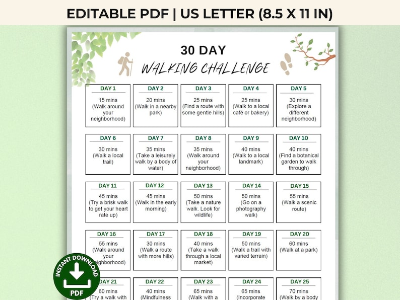 30-day Walking Challenge, Printable Walking Planner, Daily Walking Plan ...