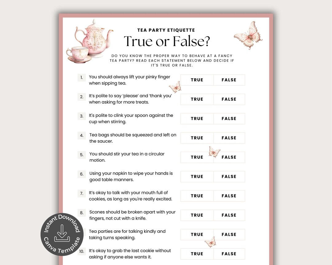 Tea Party Etiquette Game Editable Canva Template, Kids Tea Party Quiz ...
