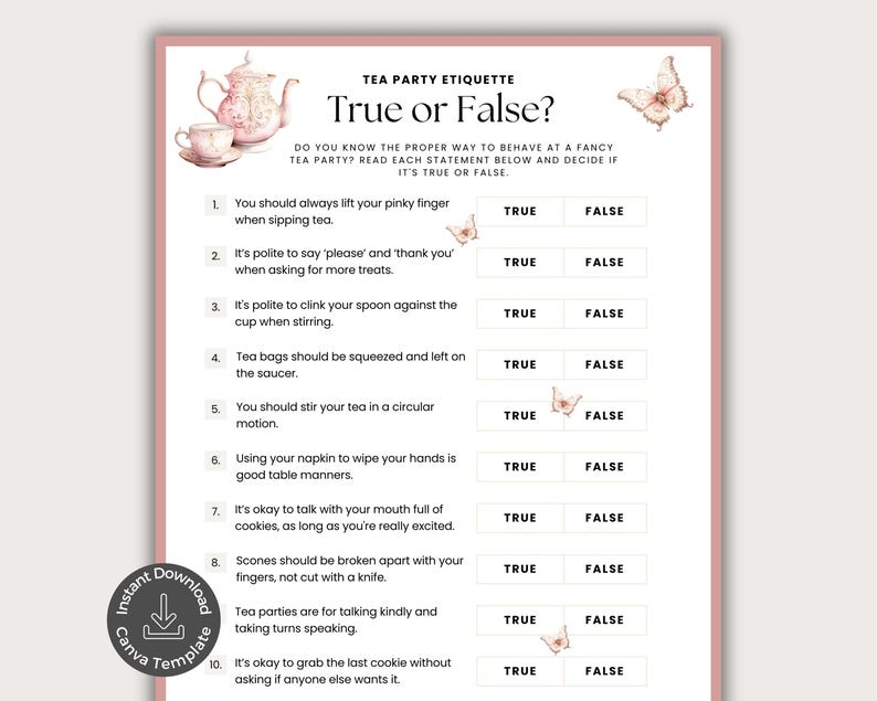 Tea Party Etiquette Game Editable Canva Template, Kids Tea Party Quiz ...