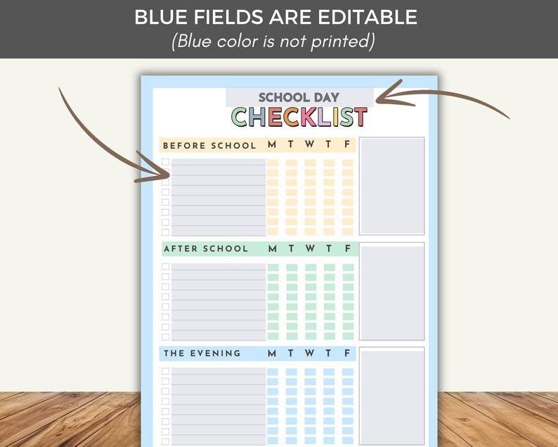School Day Checklist Printable Fillable PDF, Kids Daily Routine Chart ...