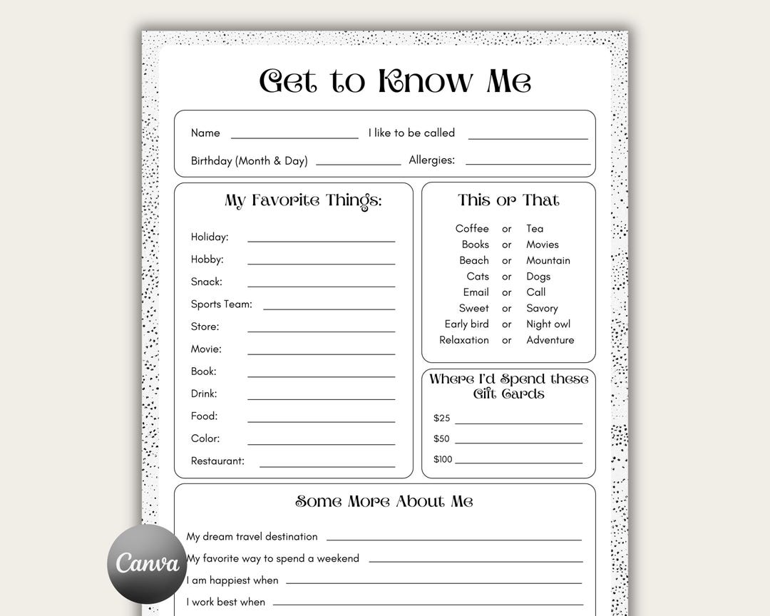 Team Building Get to Know Me Questionnaire, Staff Favorite Things List ...