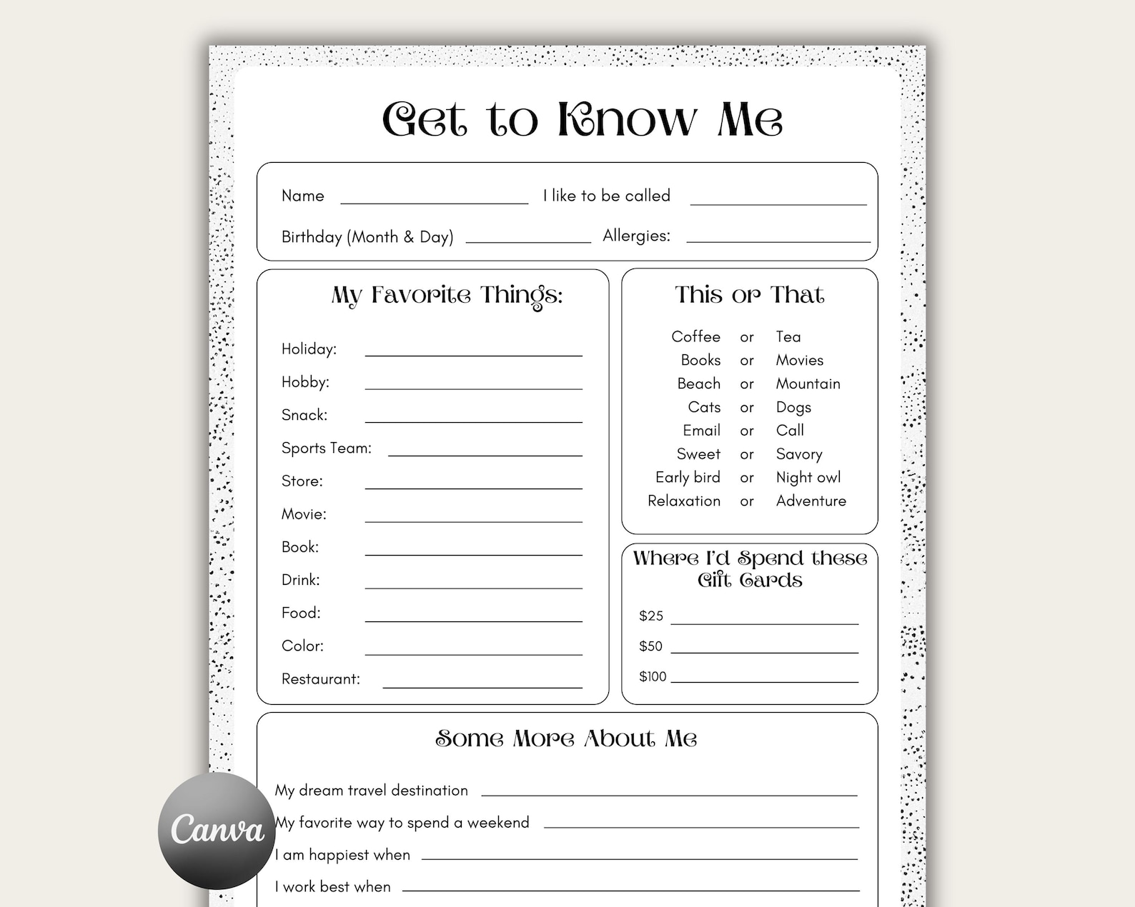 Team Building Get to Know Me Questionnaire, Staff Favorite Things List ...