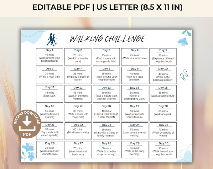 30 Day 8K Steps Challenge Printable | Walking 10K Steps Tracker ...