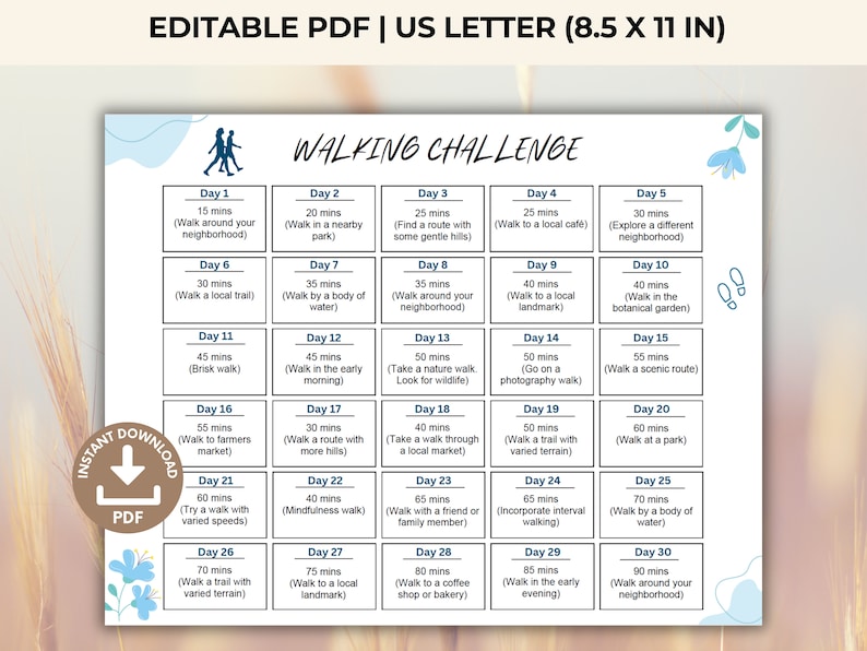30-day Walking Challenge Editable PDF, Printable Walking Planner ...