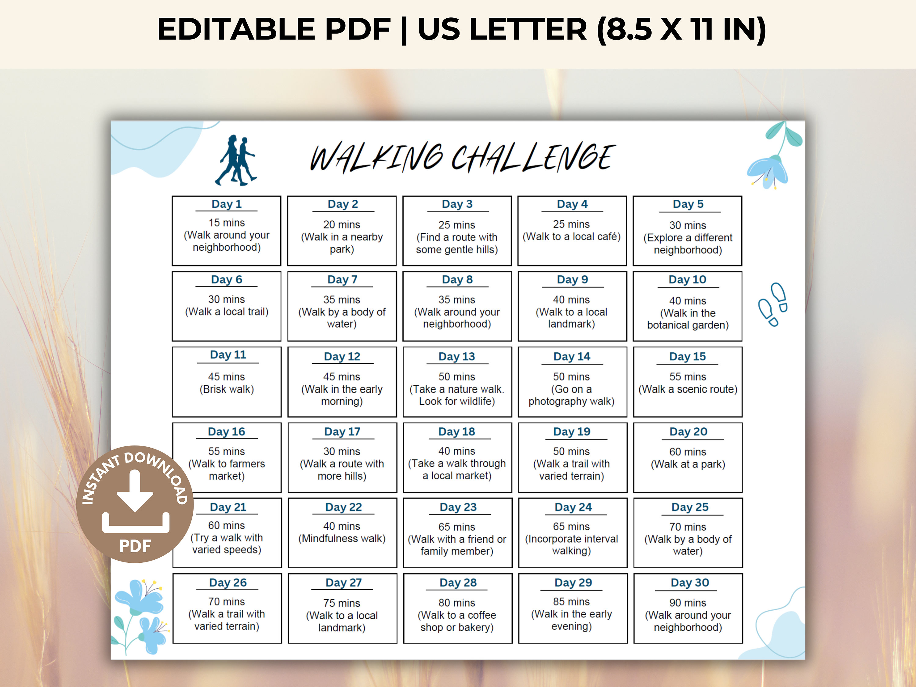 30-day Walking Challenge Editable PDF, Printable Walking Planner ...