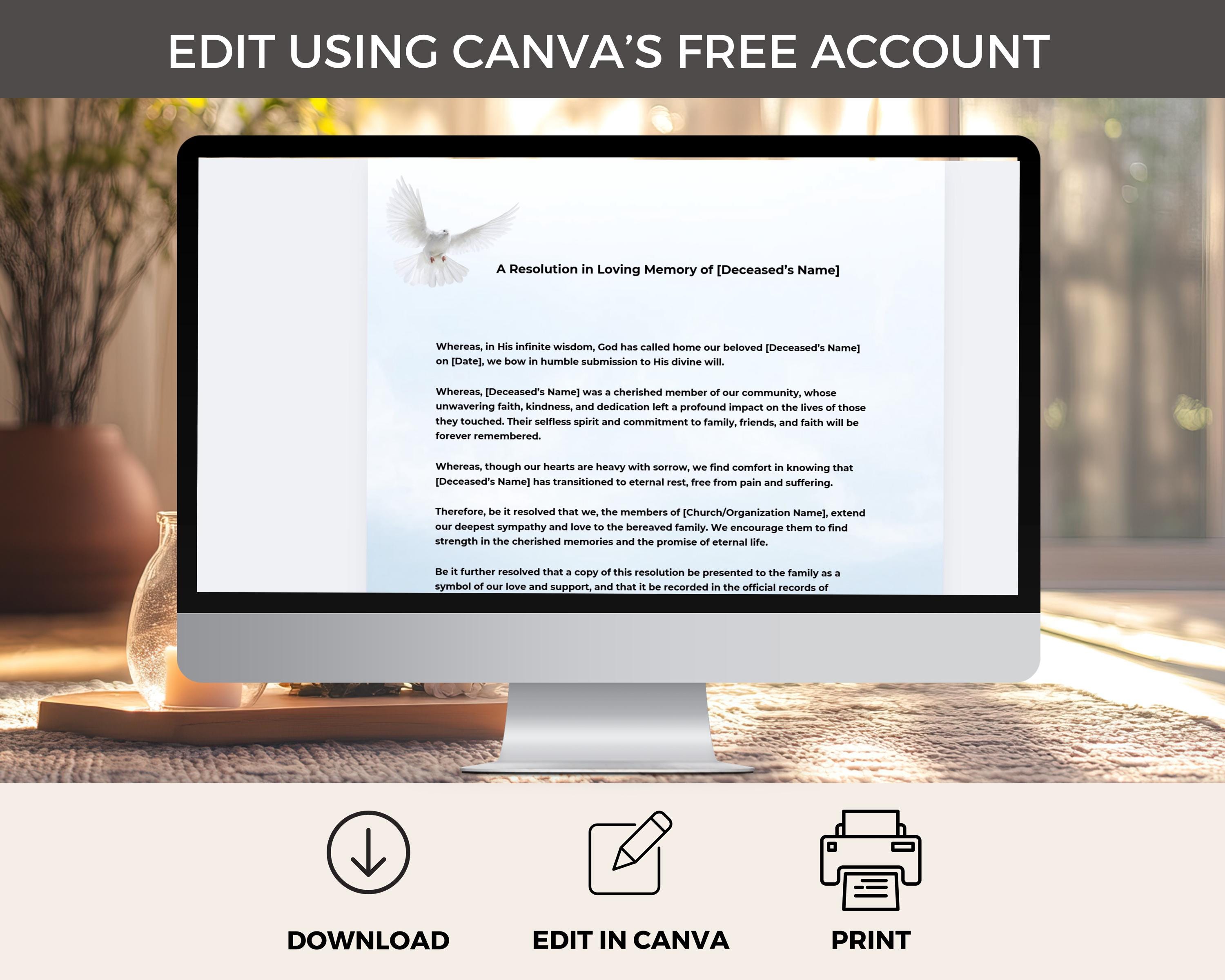 Funeral Resolution for a Pastor, Editable Canva Template, Memorial ...