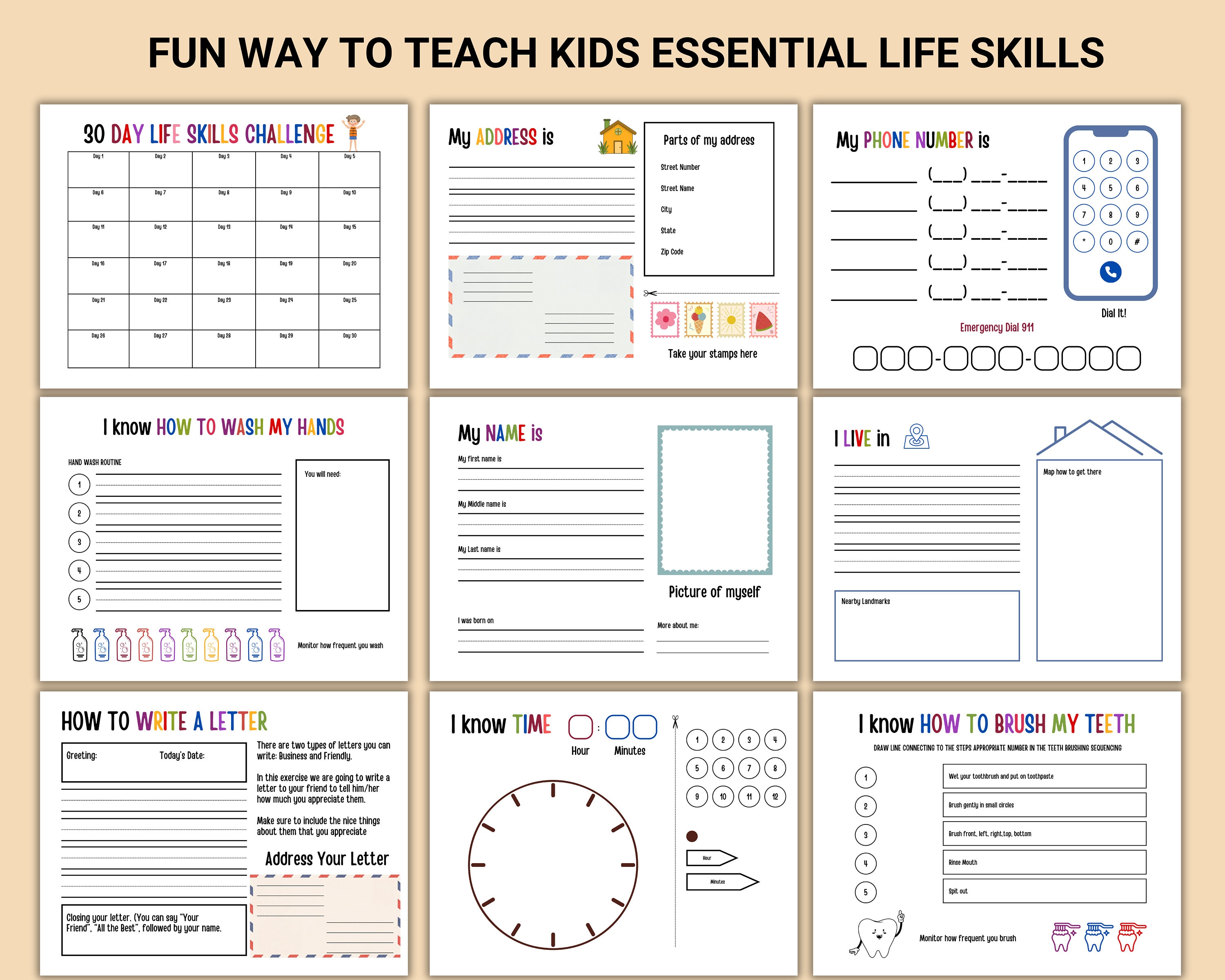 Life Skills for Kids Worksheets Printable Bundle, Phone Number and ...