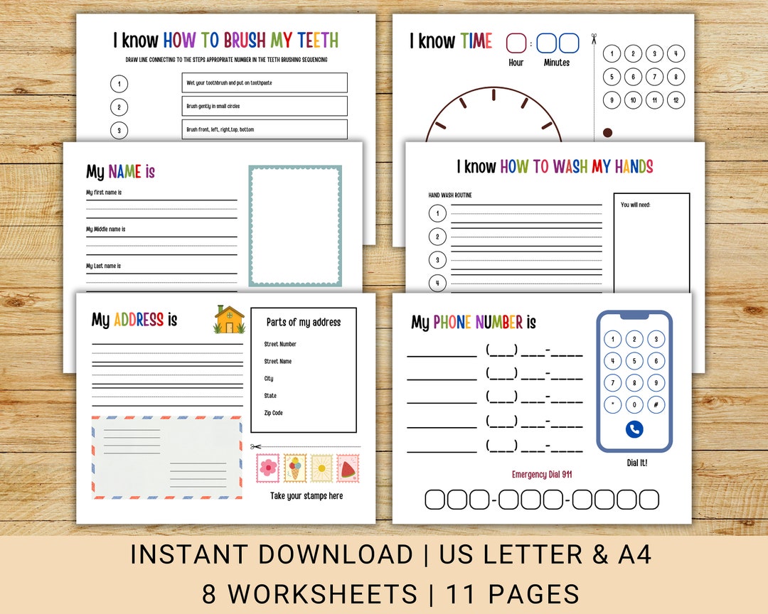 Life Skills for Kids Worksheets Printable Bundle, Phone Number and ...