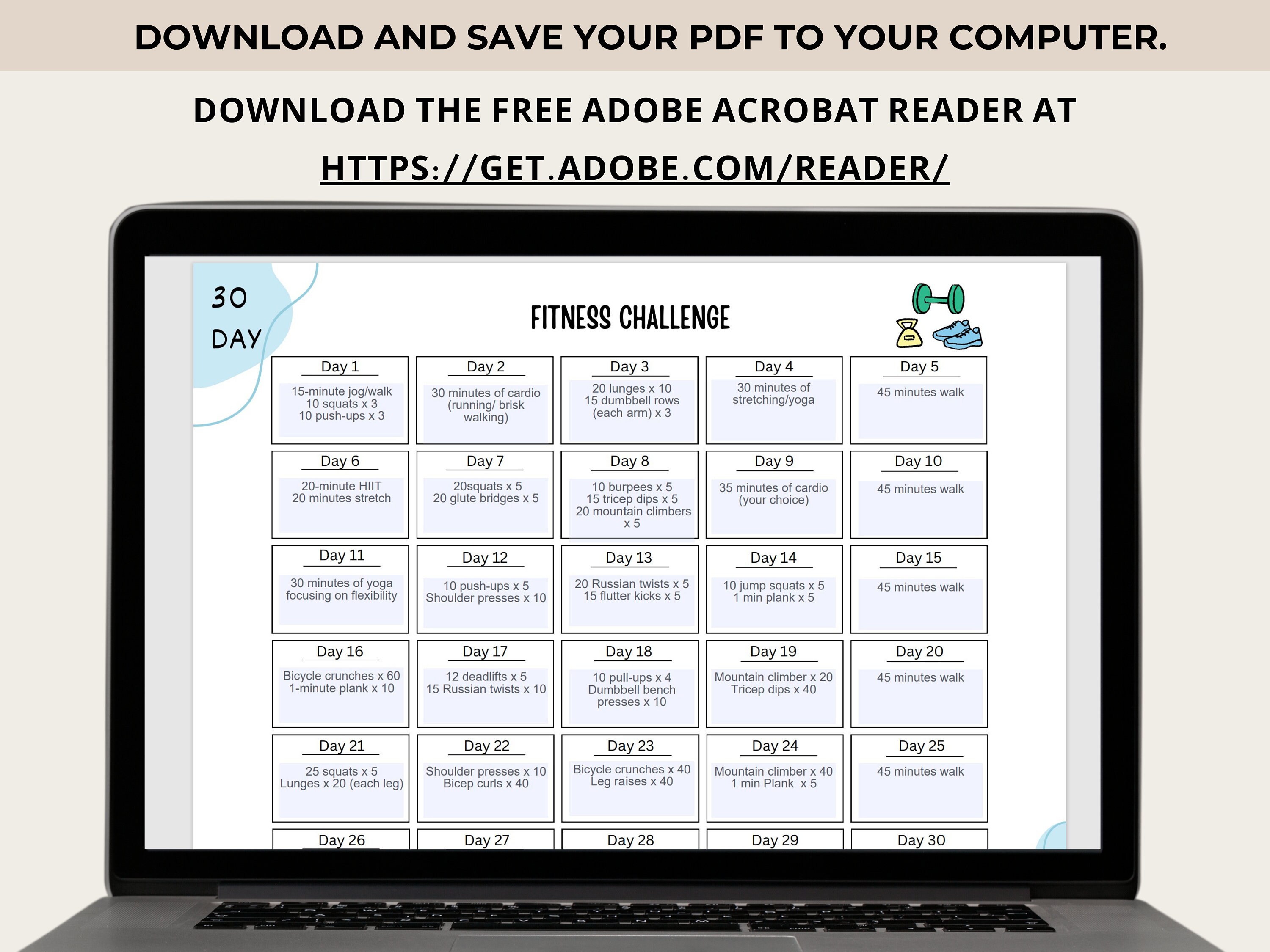 30 Day Fitness Challenge, Printable Home Workout Planner Editable PDF ...