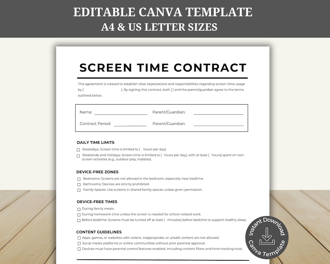 Editable Screen Time Contract, Kids Technology Rules, Family ...