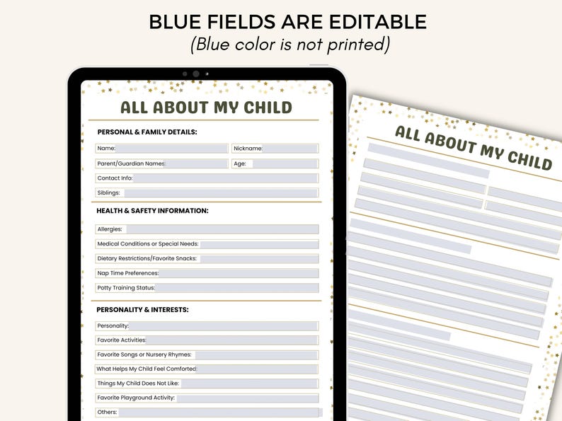All About My Child Daycare Sheet, Printable Childcare Form, Child Info ...