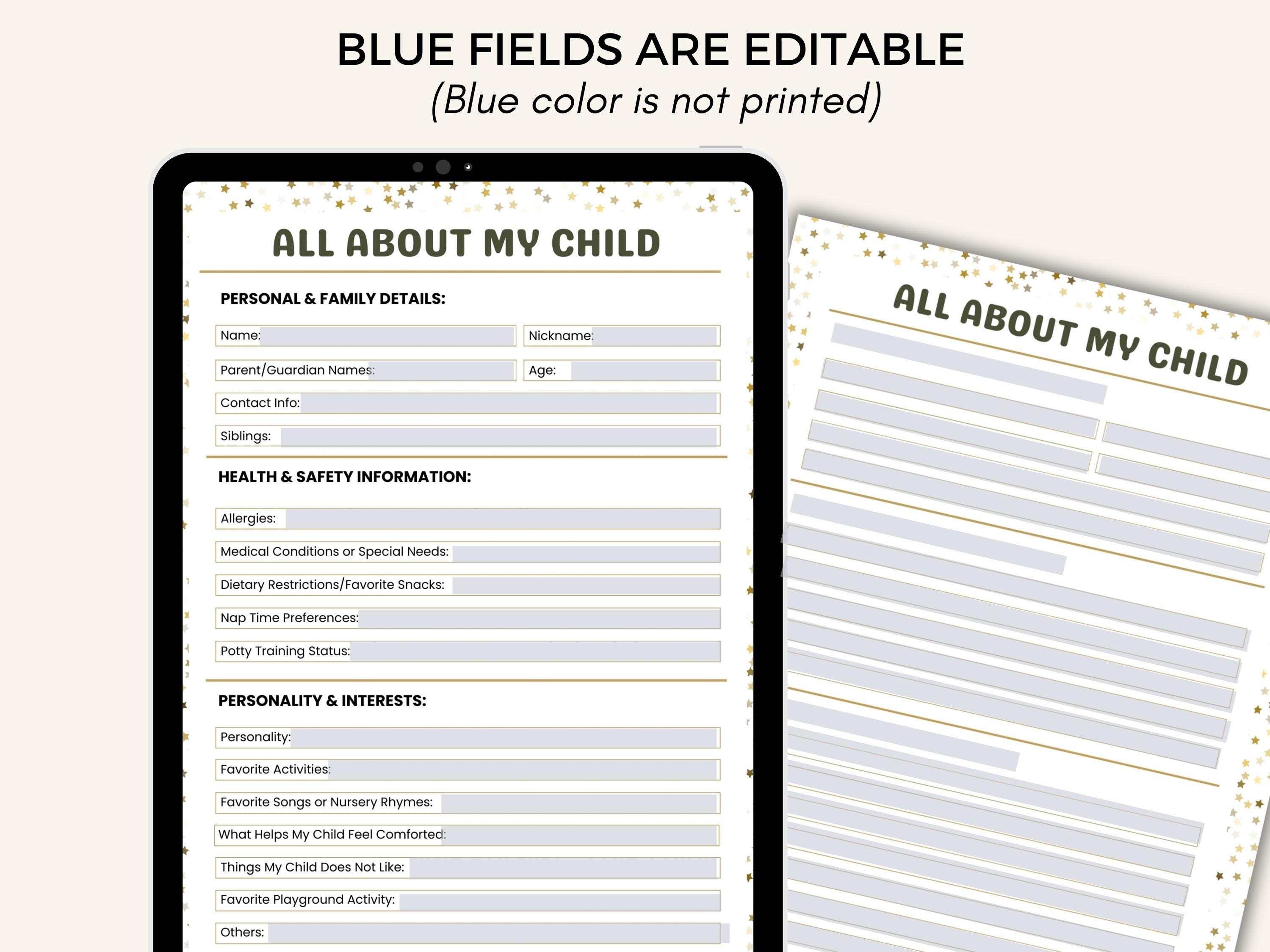 All About My Child Daycare Sheet, Printable Childcare Form, Child Info ...