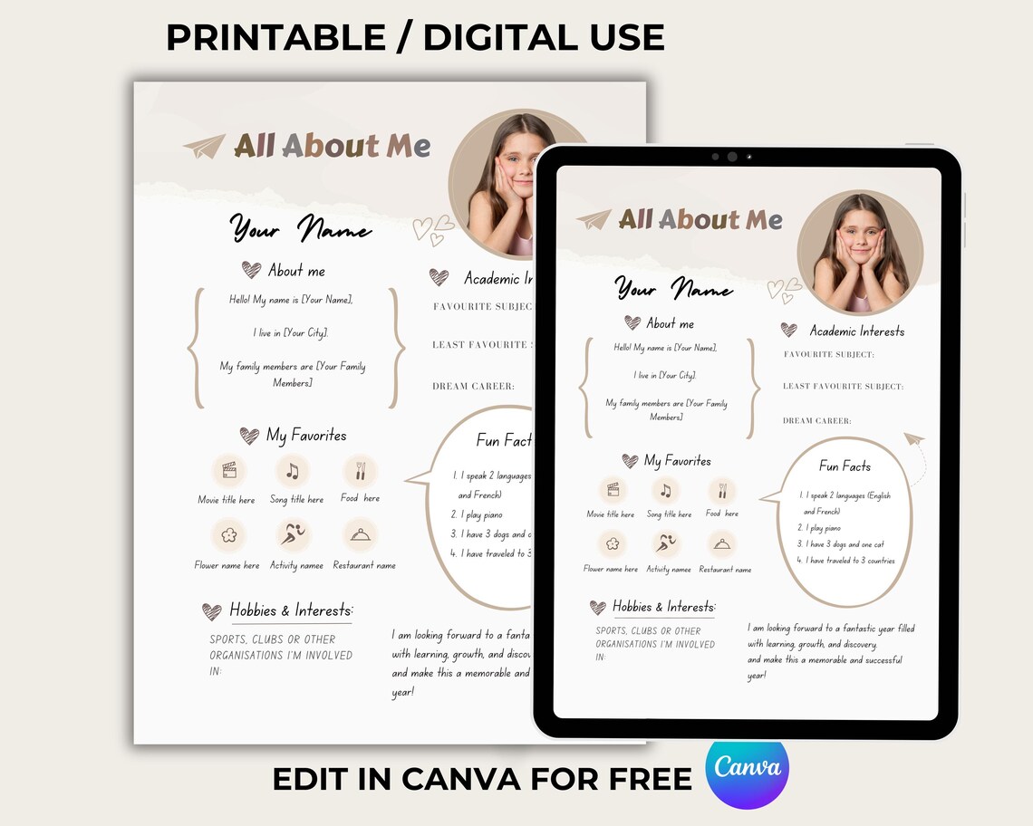 All About Me Editable Canva Template, First Day of School, Get to Know ...