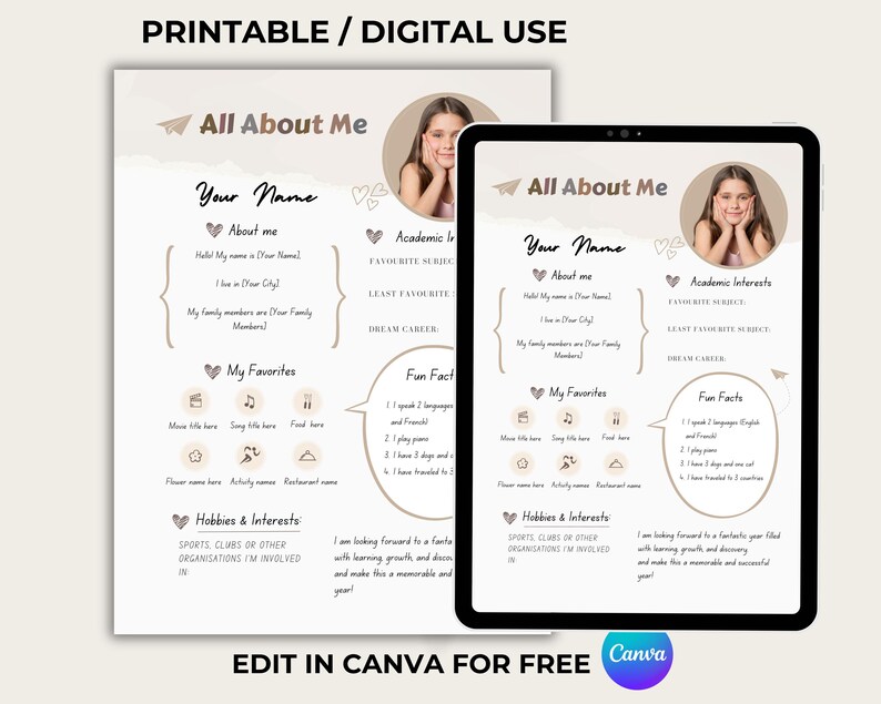 All About Me Editable Canva Template, First Day of School, Get to Know ...