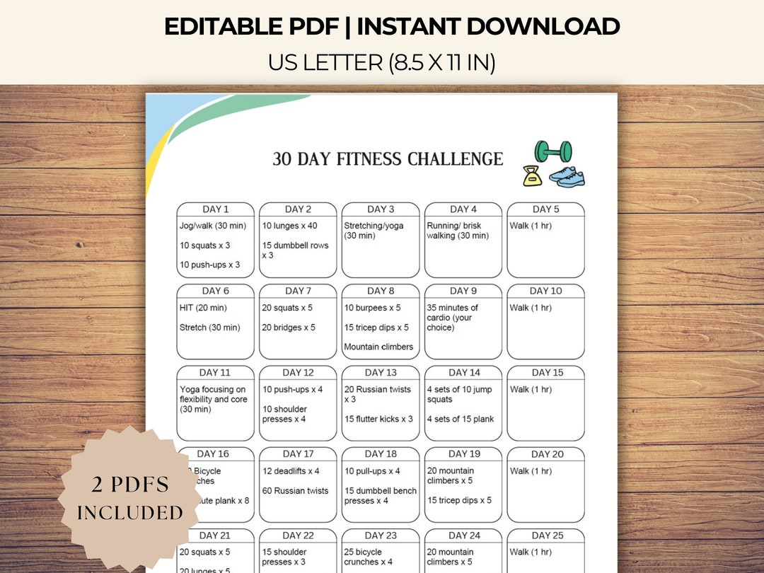30 Day Fitness Challenge Printable at Home Workout Planner, Full Body ...