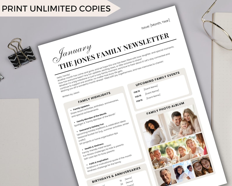 Monthly Family Newsletter With Photos, Minimalist One Page Newsletter ...