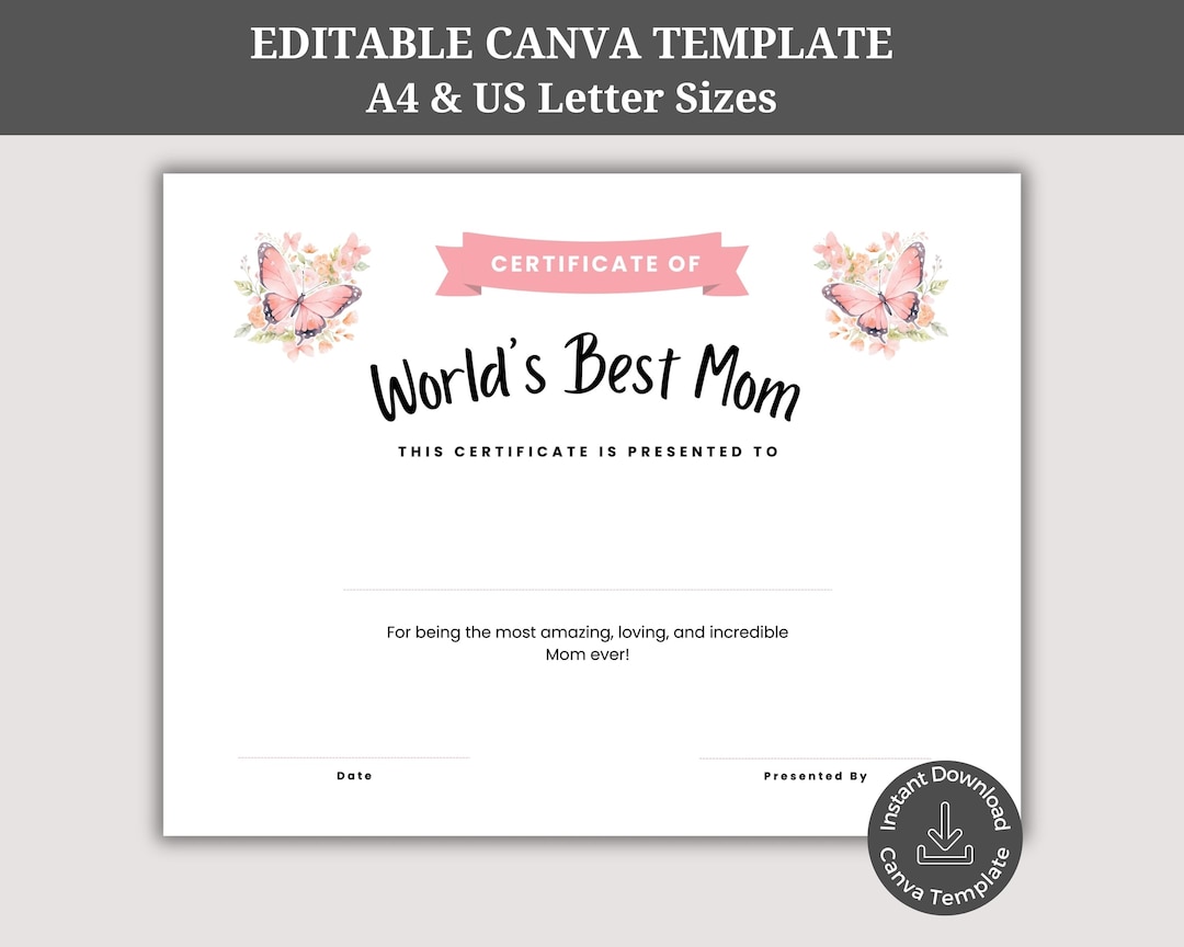 World's Best Mom Certificate Template, Minimalist Printable Mom Award ...