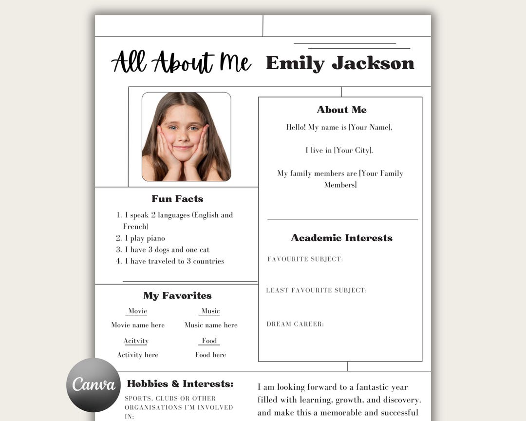 All About Me Editable Canva Template, First Day of School, Get to Know ...