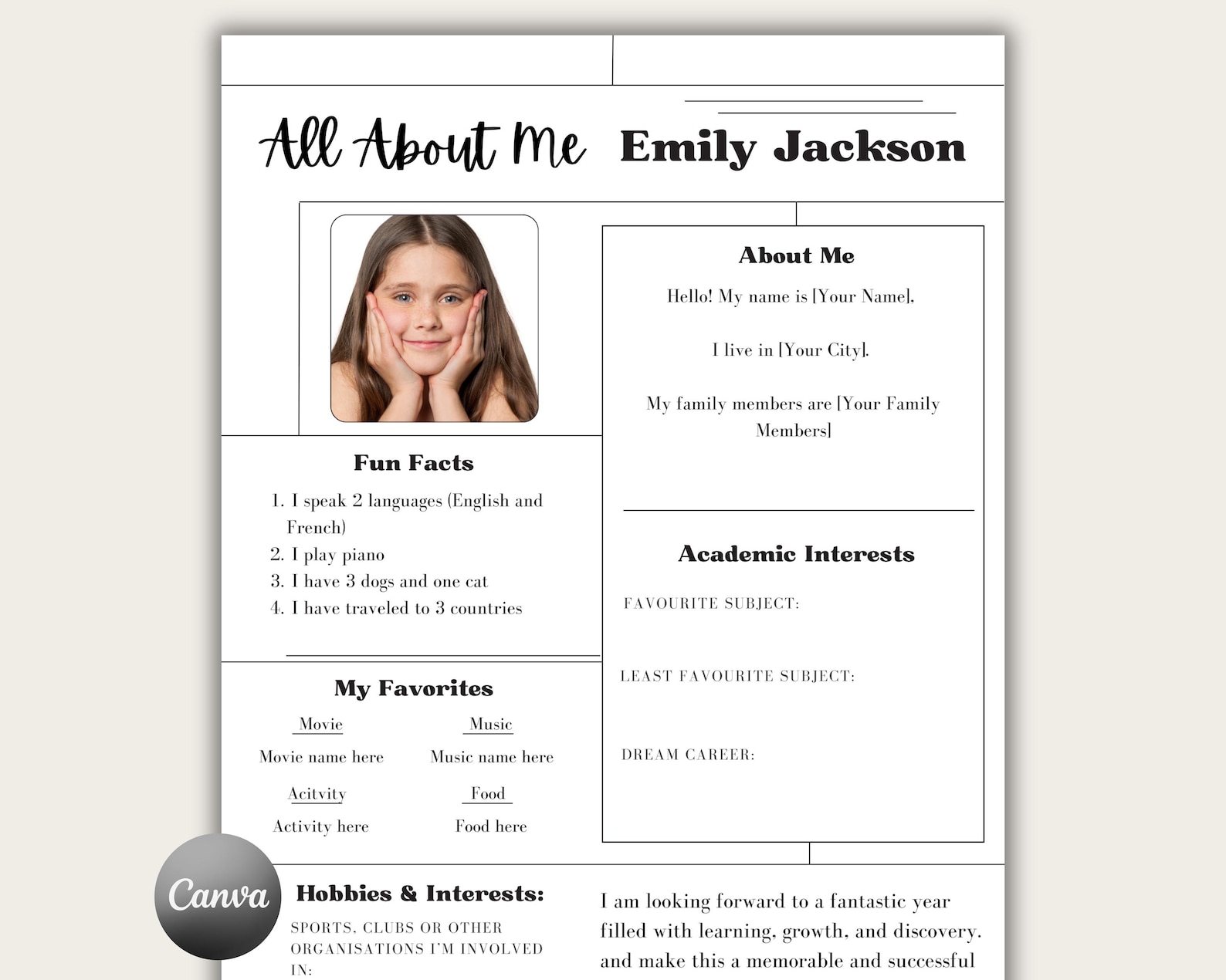 All About Me Editable Canva Template, First Day of School, Get to Know ...