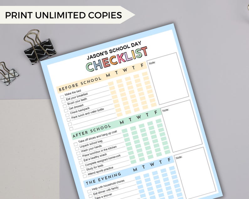 School Day Checklist Printable Fillable PDF, Kids Daily Routine Chart ...