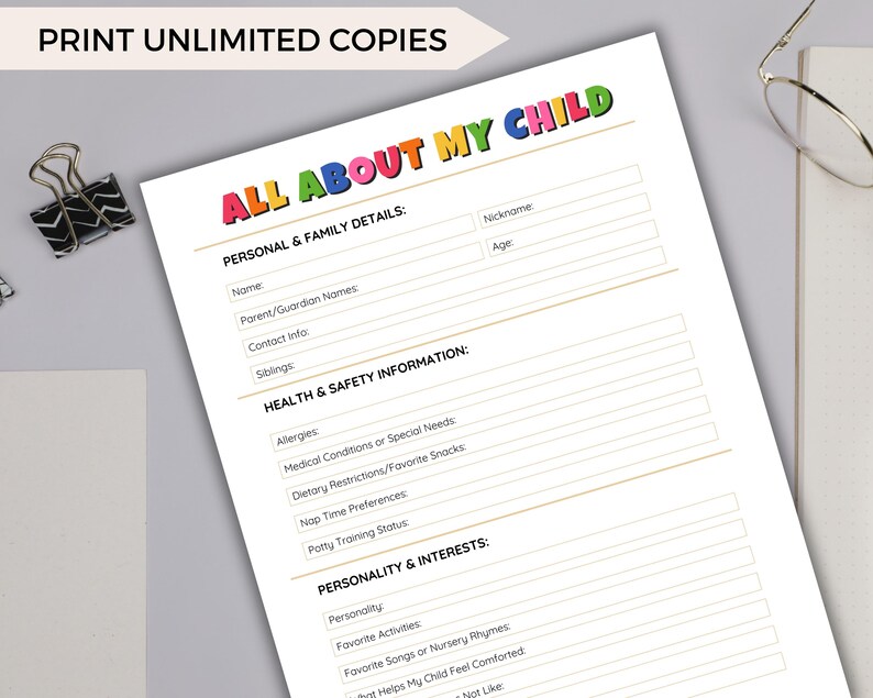 All About My Child Daycare Sheet, Printable Childcare Form, Child Info ...