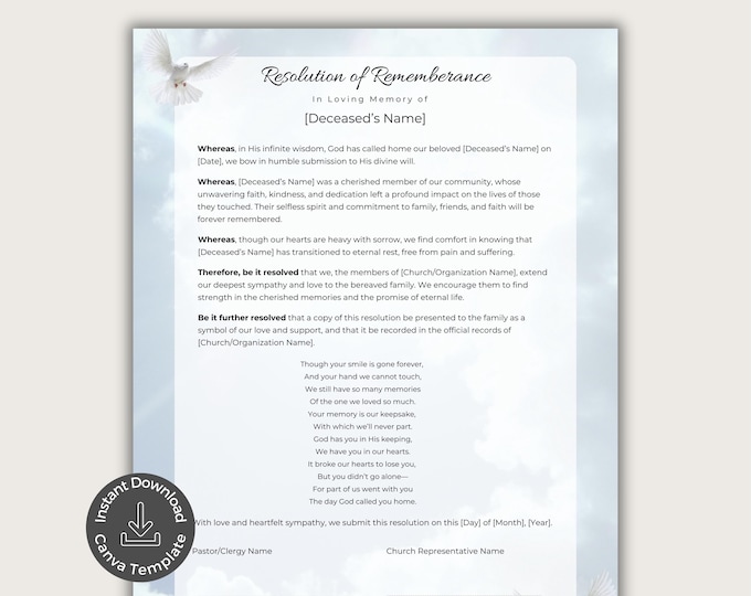 Funeral Resolution Letter, Memorial Resolution, in Loving Memory ...