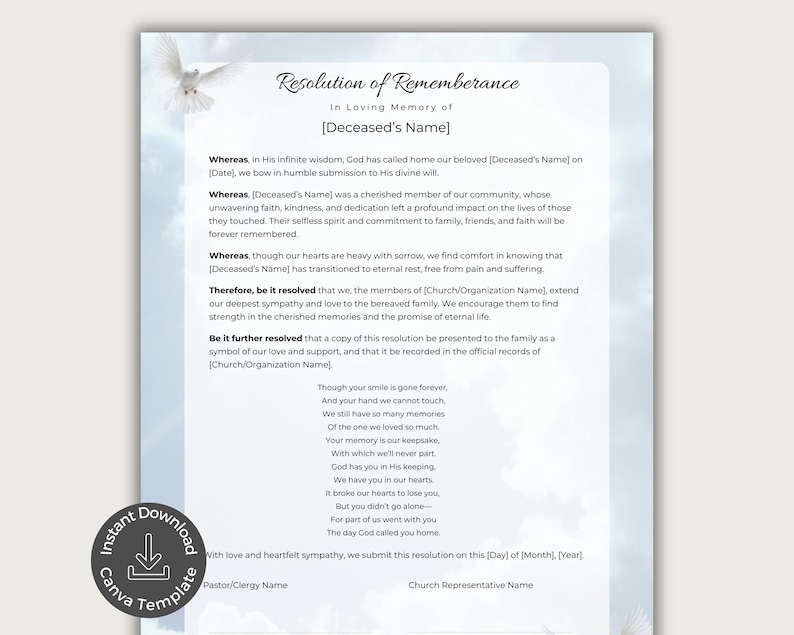 Funeral Resolution Letter, Editable Canva Template, Funeral Poem ...
