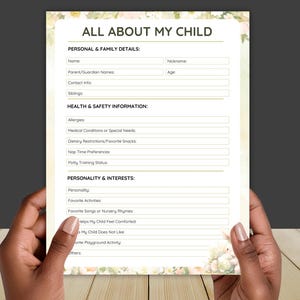 All About My Child Daycare Sheet, Printable Childcare Form, Child Info ...