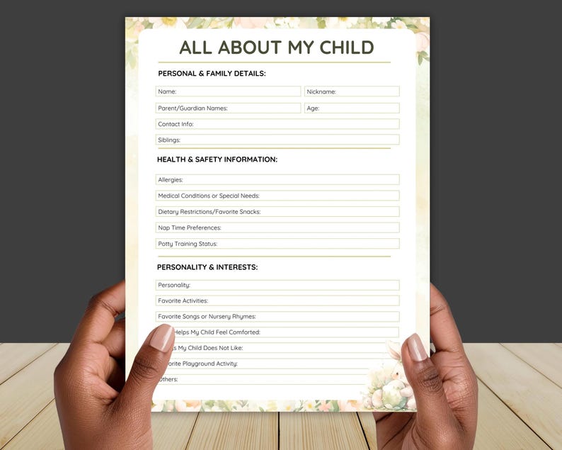 All About My Child Daycare Sheet, Printable Childcare Form, Child Info ...